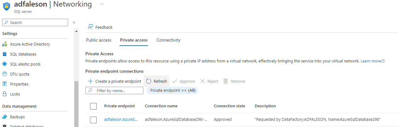 Private Endpoint trough Azure Data Factory and Azure Database